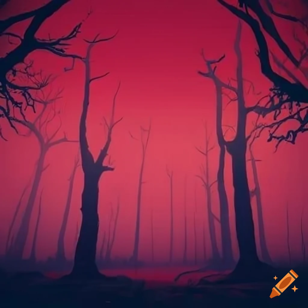 Dead forest covered in red fog on Craiyon