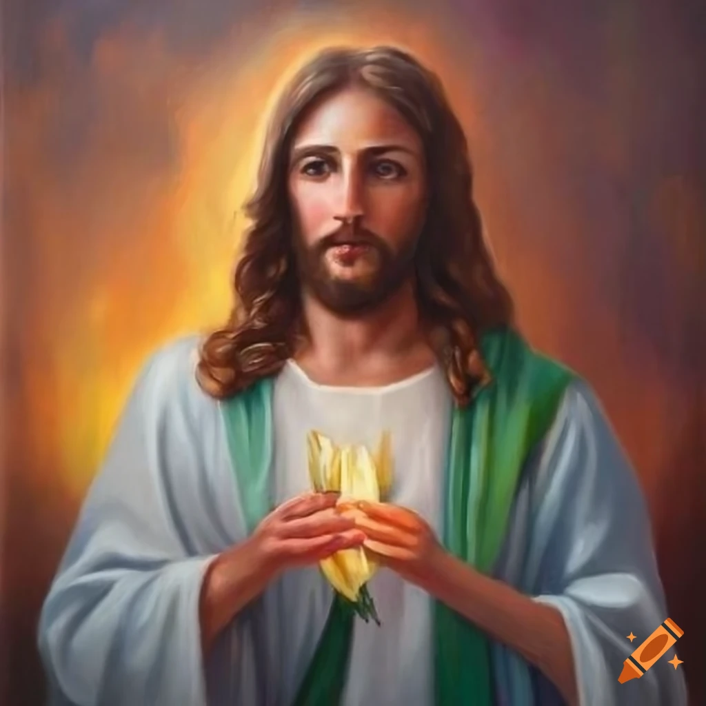 Jesus surrounded by roses and lilies in a soft, super realistic oil ...