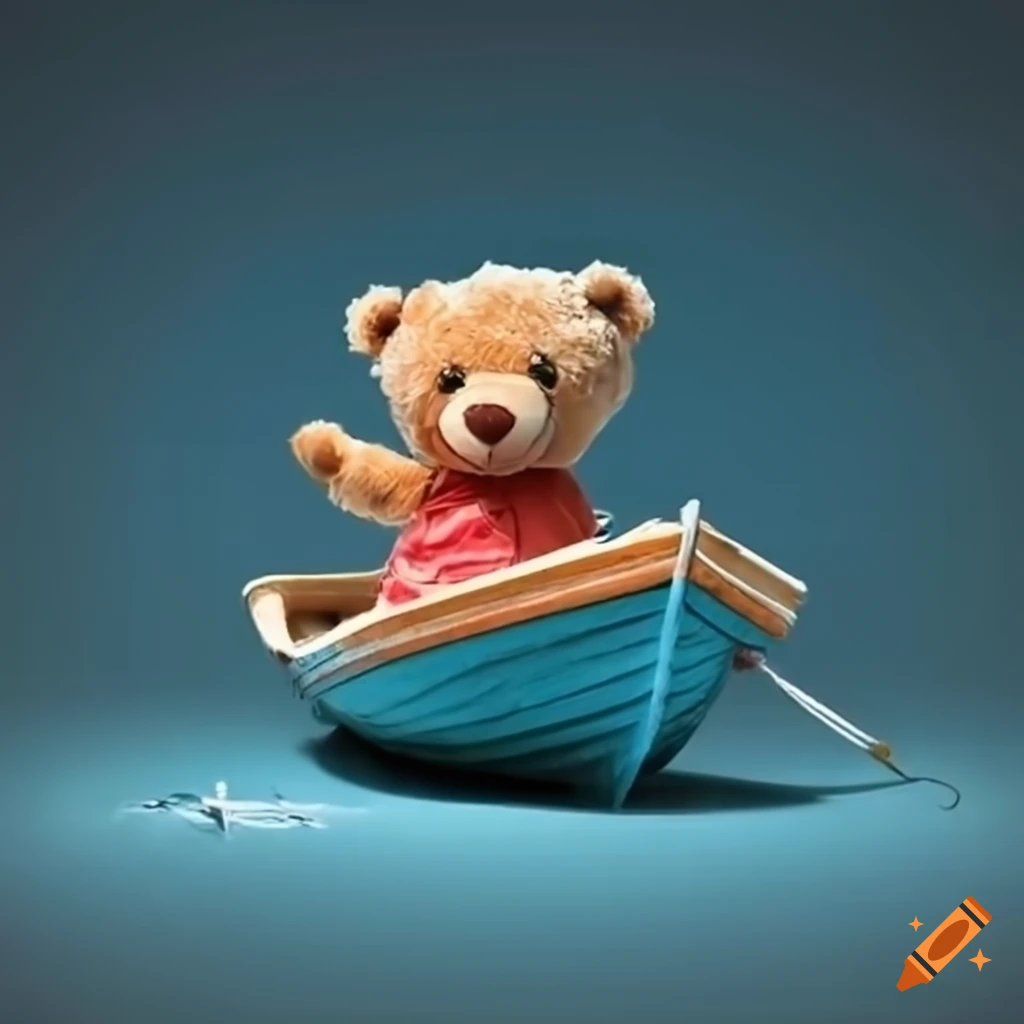 Teddy bear fishing on a rowboat on Craiyon
