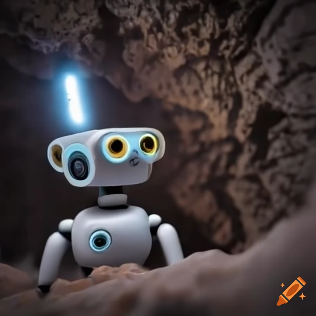 Tiny scientific robot exploring a cave on Craiyon