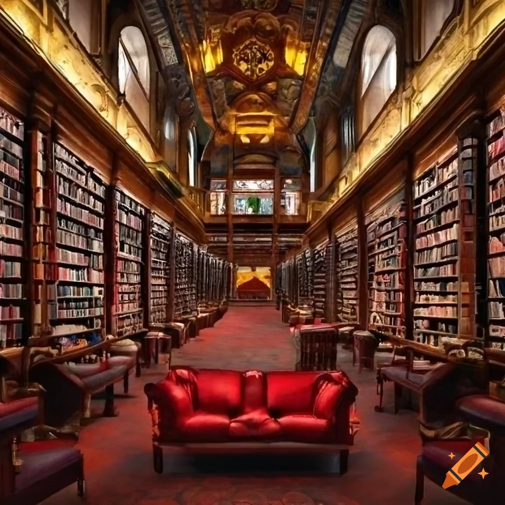 Beautiful library with amber light, stained glass windows, plush chairs ...
