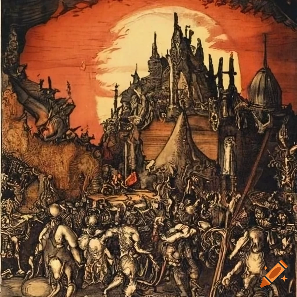 Albrecht Dürer engraving of hell with a medieval knight confronting the ...
