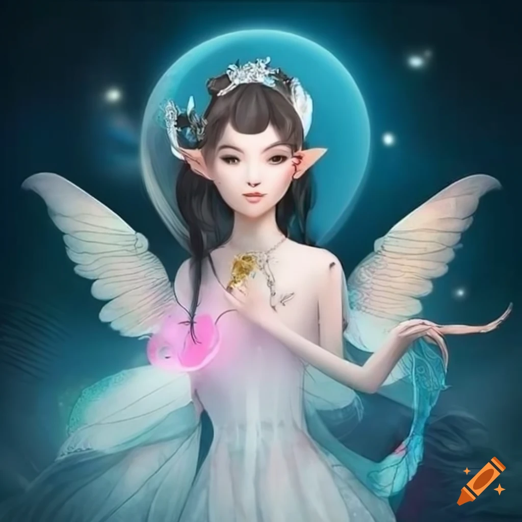 Chinese elf with fairy wings holding a full moon on Craiyon