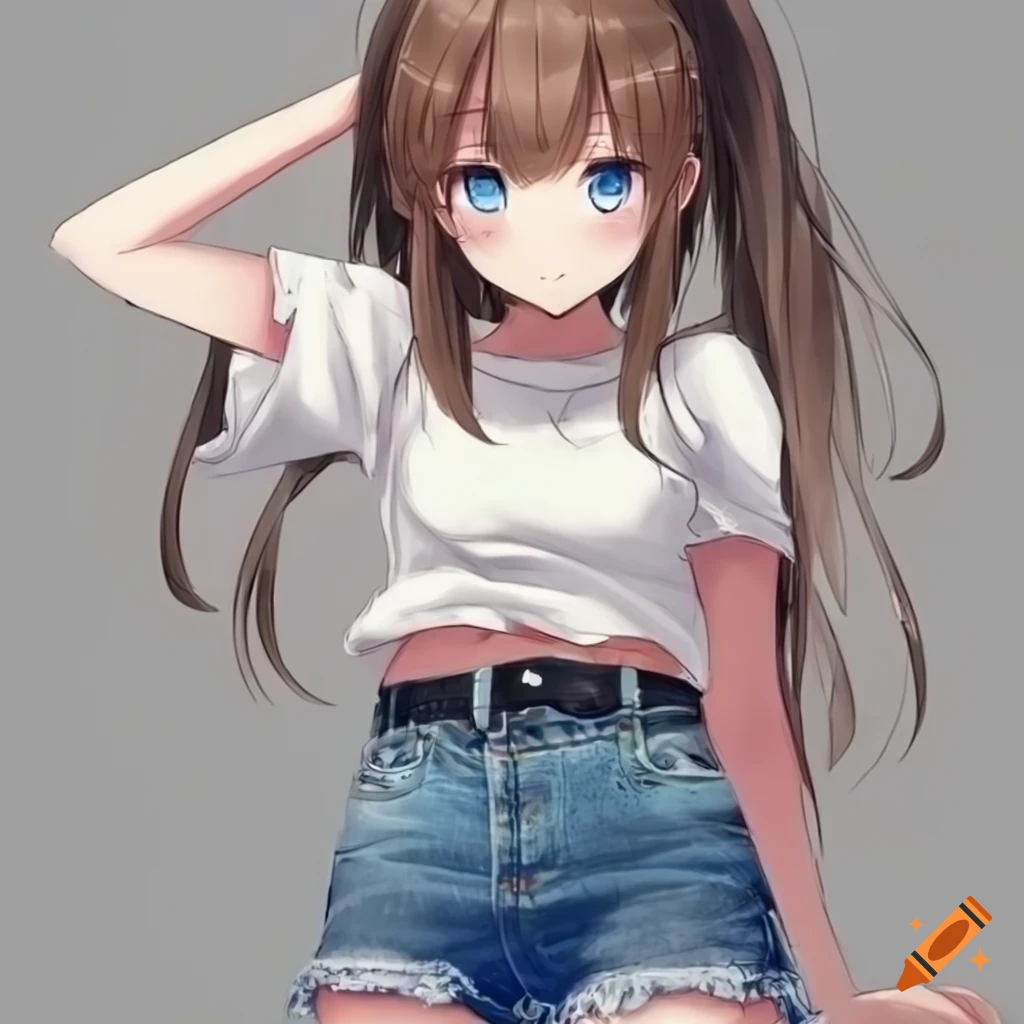 Anime girl with white crop top and blue shorts on Craiyon
