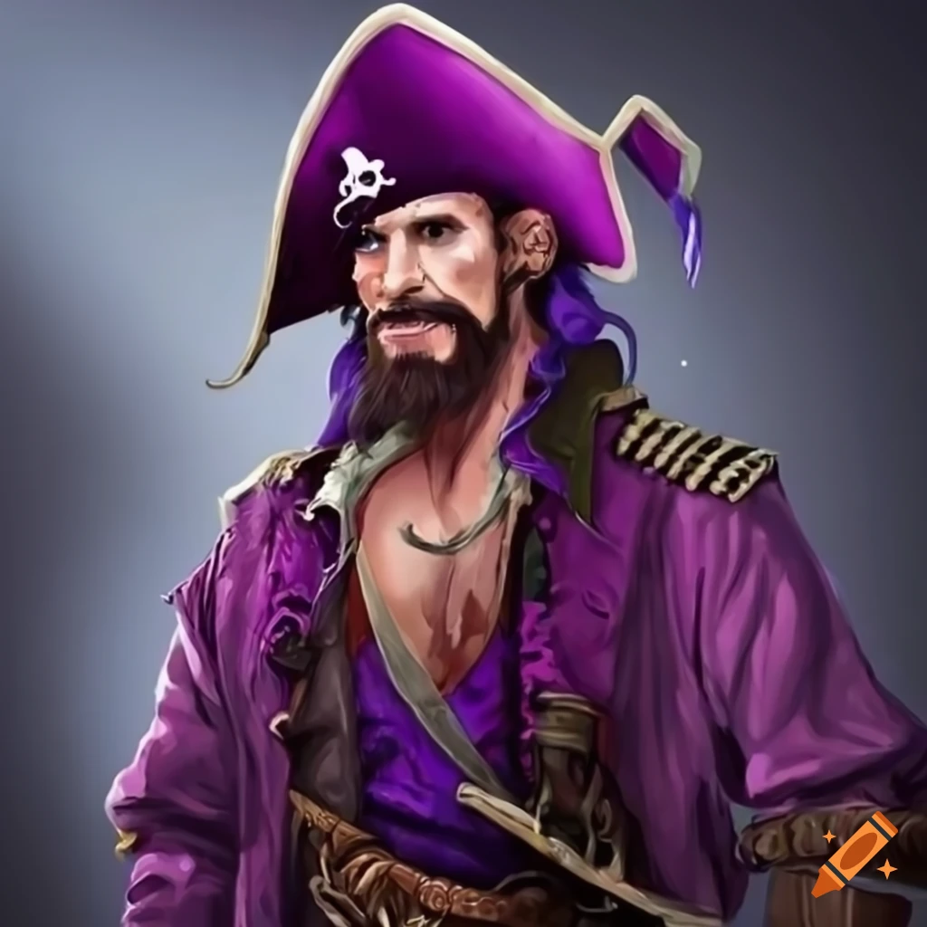 Handsome pirate with cut throat scar, purple hair, and beard on Craiyon