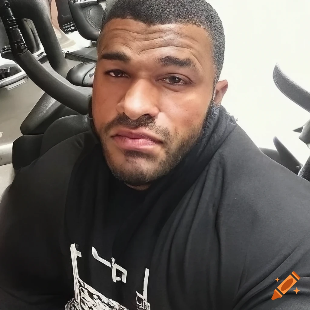 Muscular man with rugged features taking a selfie on Craiyon