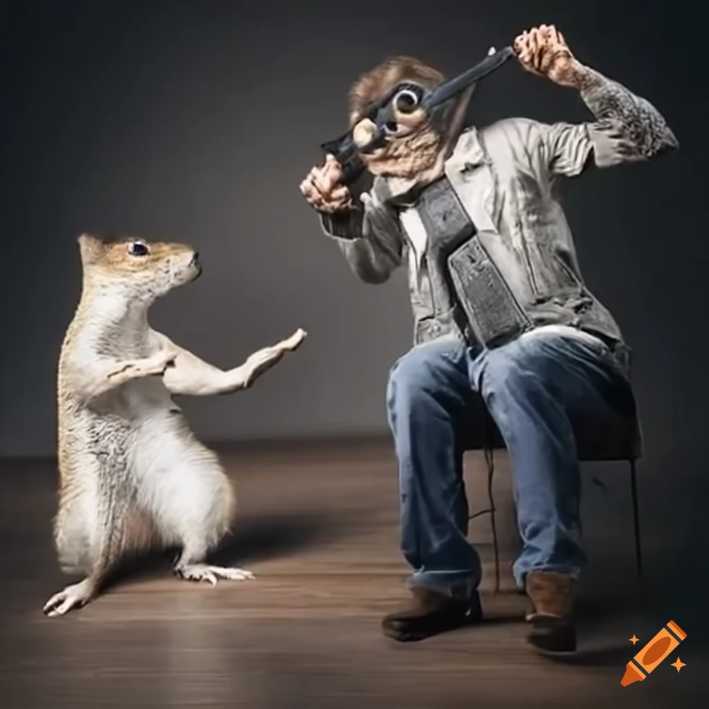 Man in a frantic fight with a giant squirrel carrying an uzi on Craiyon