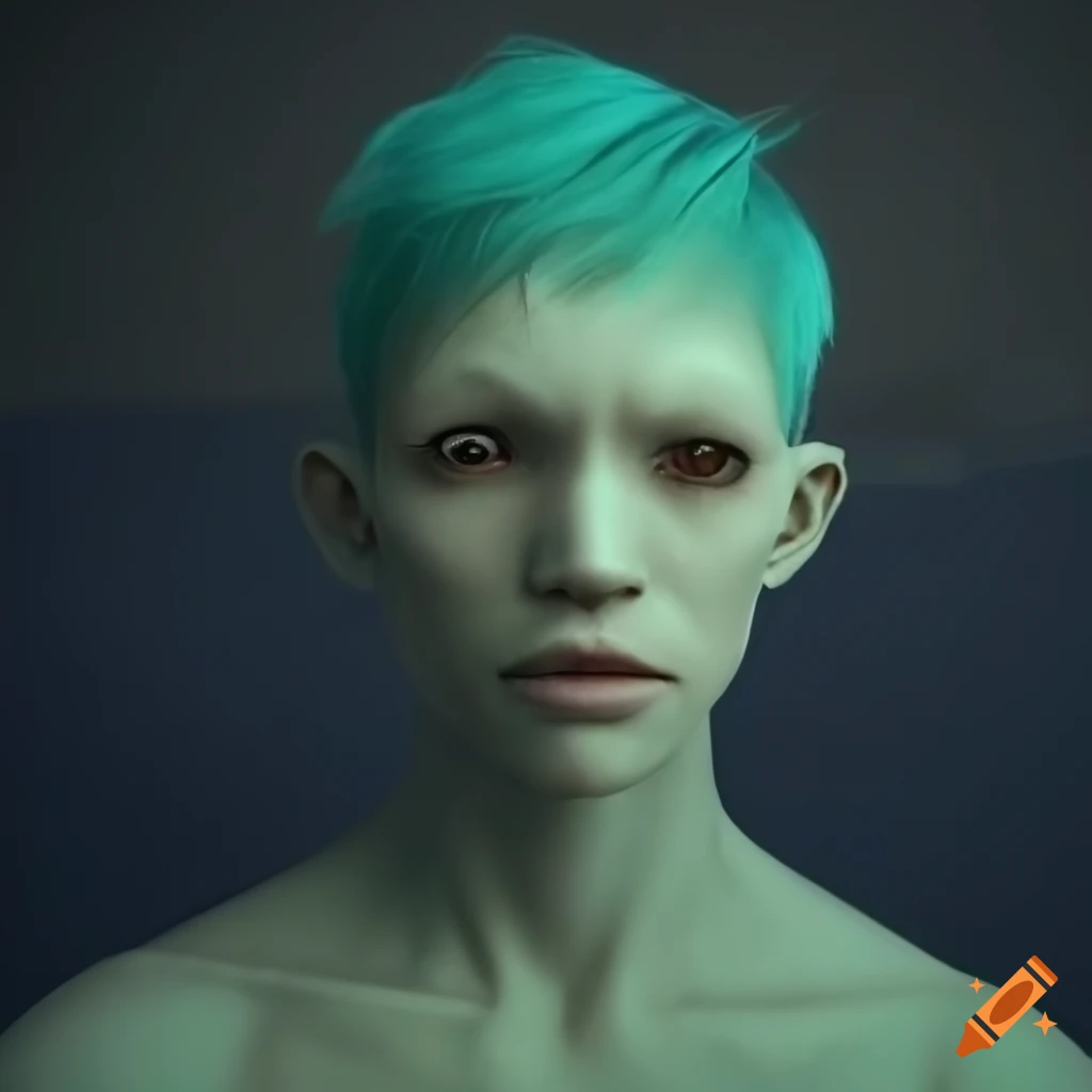 Teal-haired alien man with jade skin standing in a narrow street on Craiyon