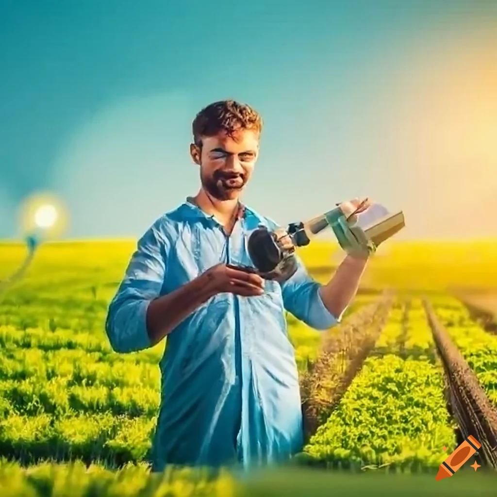 Productive farm scene with scientists and farmers working together on ...