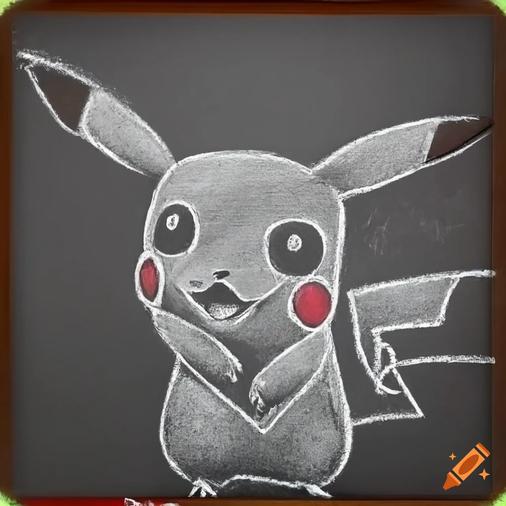 Detailed chalk drawing of Pikachu on a blackboard on Craiyon