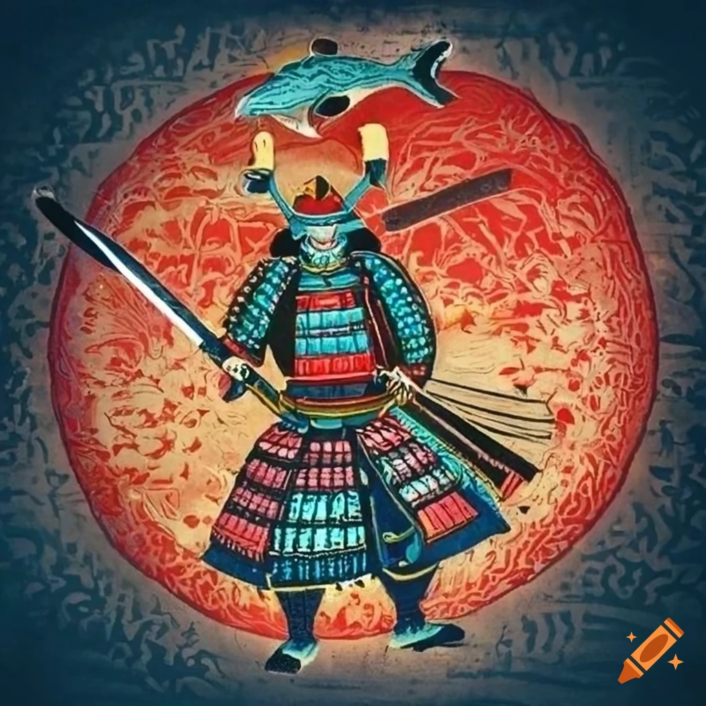 Colorful woodblock print of a fish as a samurai warrior on Craiyon
