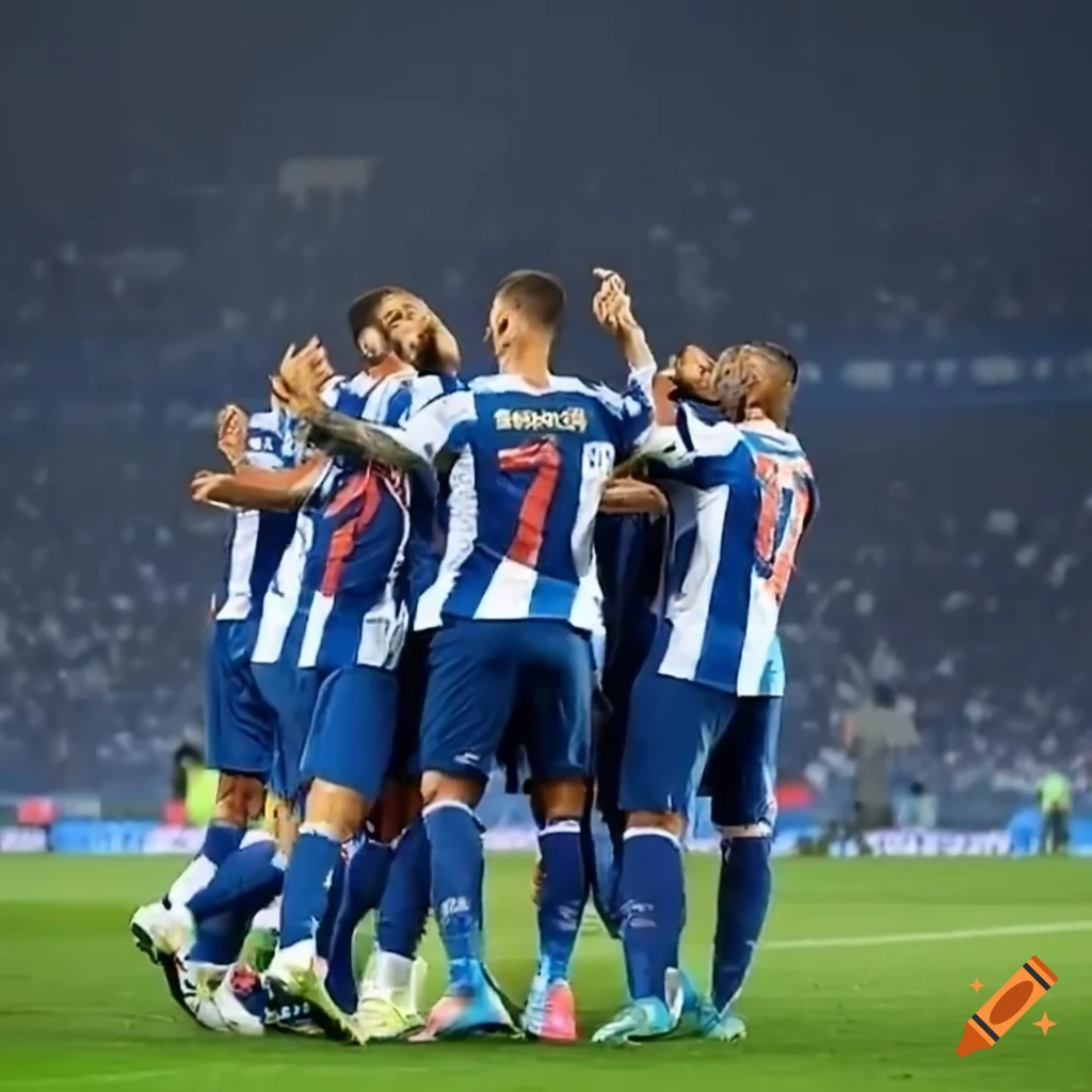 Porto team celebrating a victorious goal at estádio do dragão on Craiyon