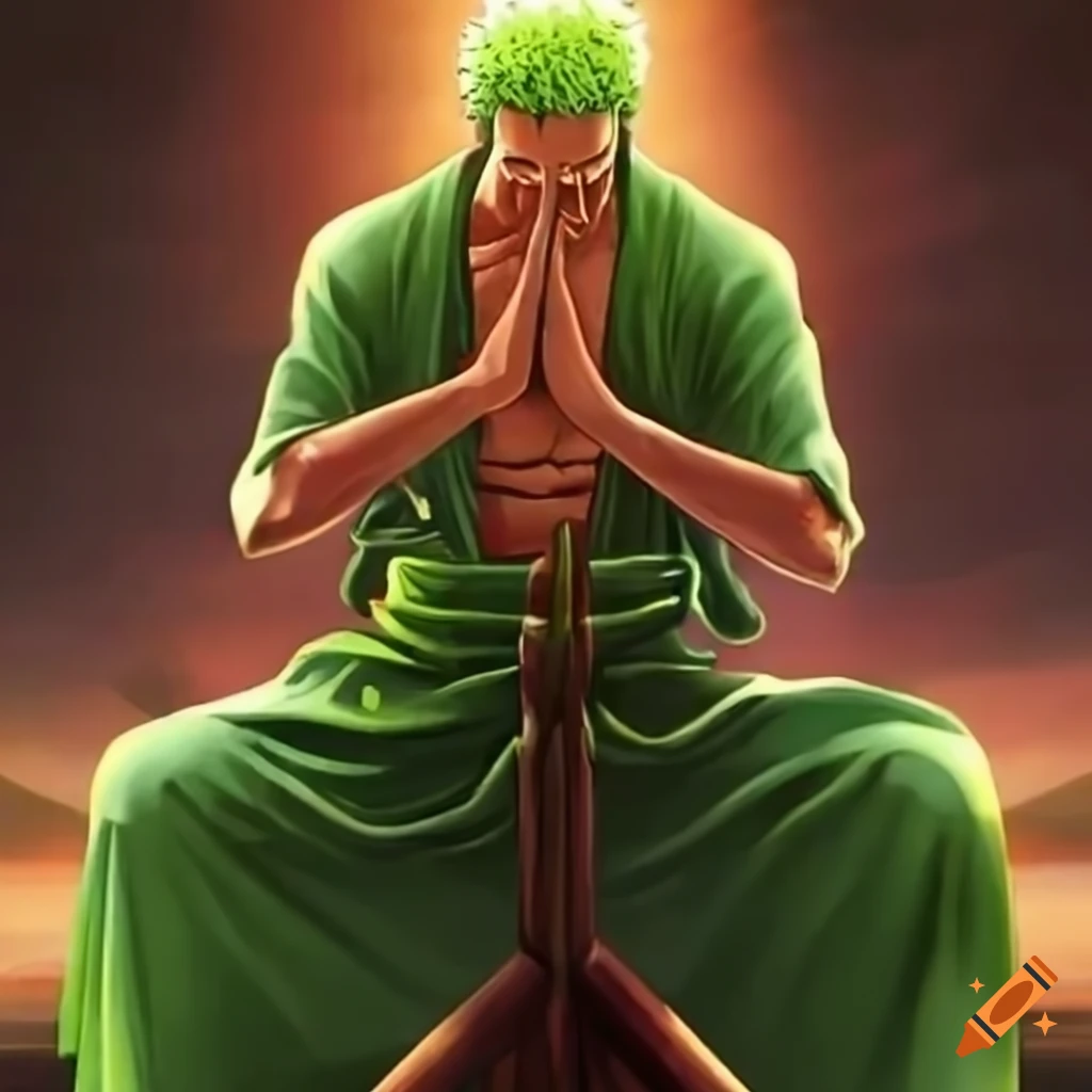 Zoro in a pose reminiscent of jesus praying on Craiyon