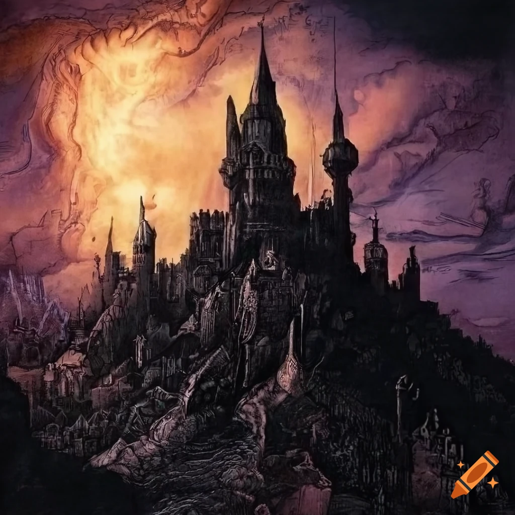 Albrecht dürer-inspired engraving of a futuristic alien castle in a ...