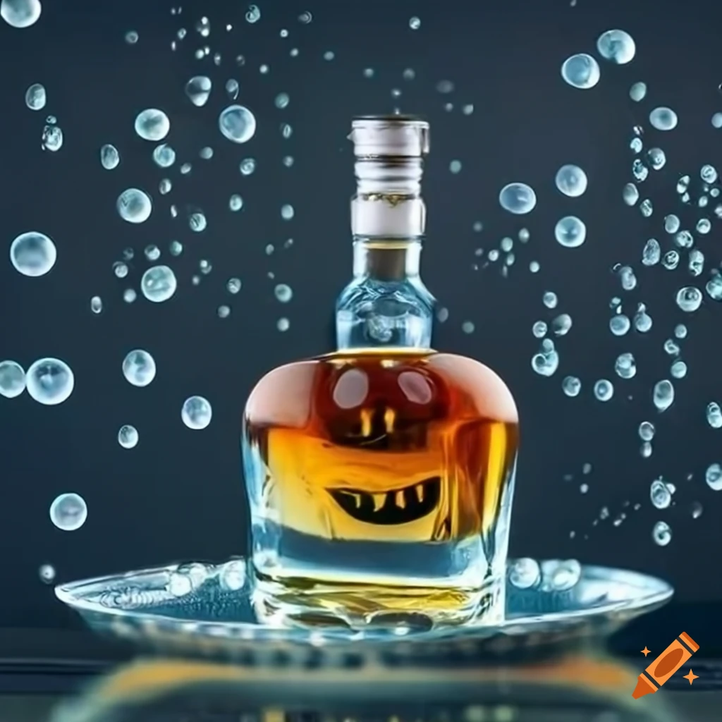 Two bottles of vodka and whisky on a funky tray with smiley bubbles on ...