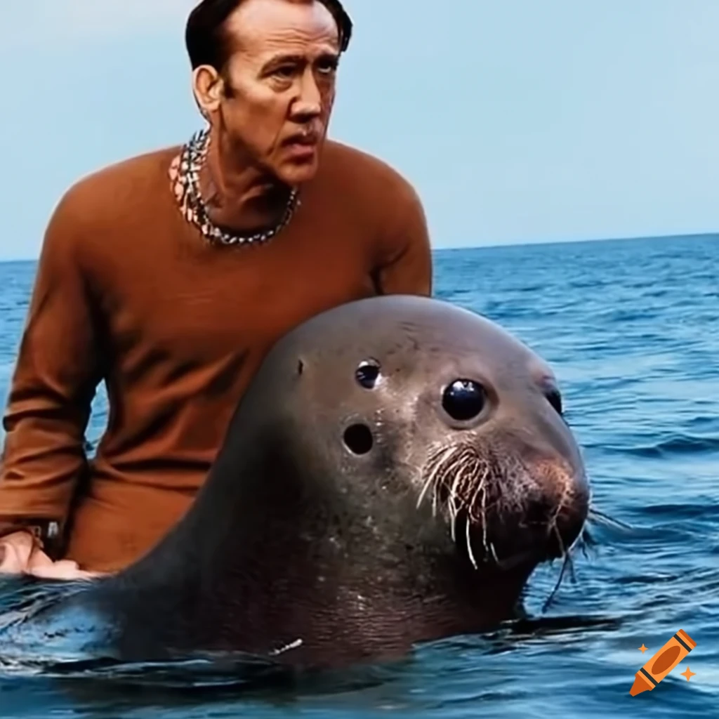 Nicolas cage riding a seal in a playful manner on Craiyon