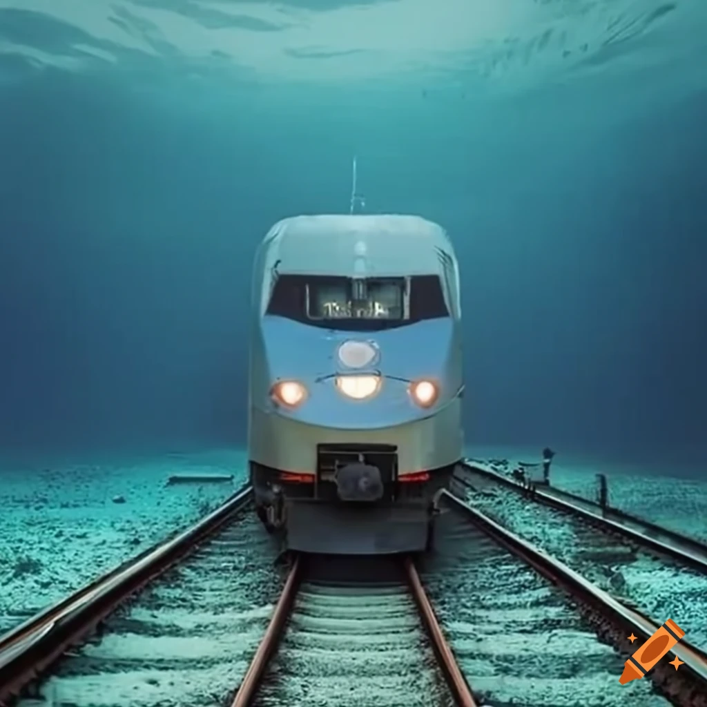 Amtrak P42 bullet train traveling underwater through the ocean on Craiyon