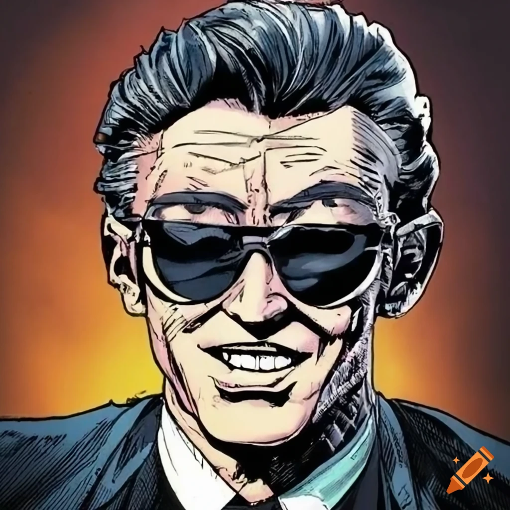 Vintage comic art of db cooper with sunglasses on Craiyon