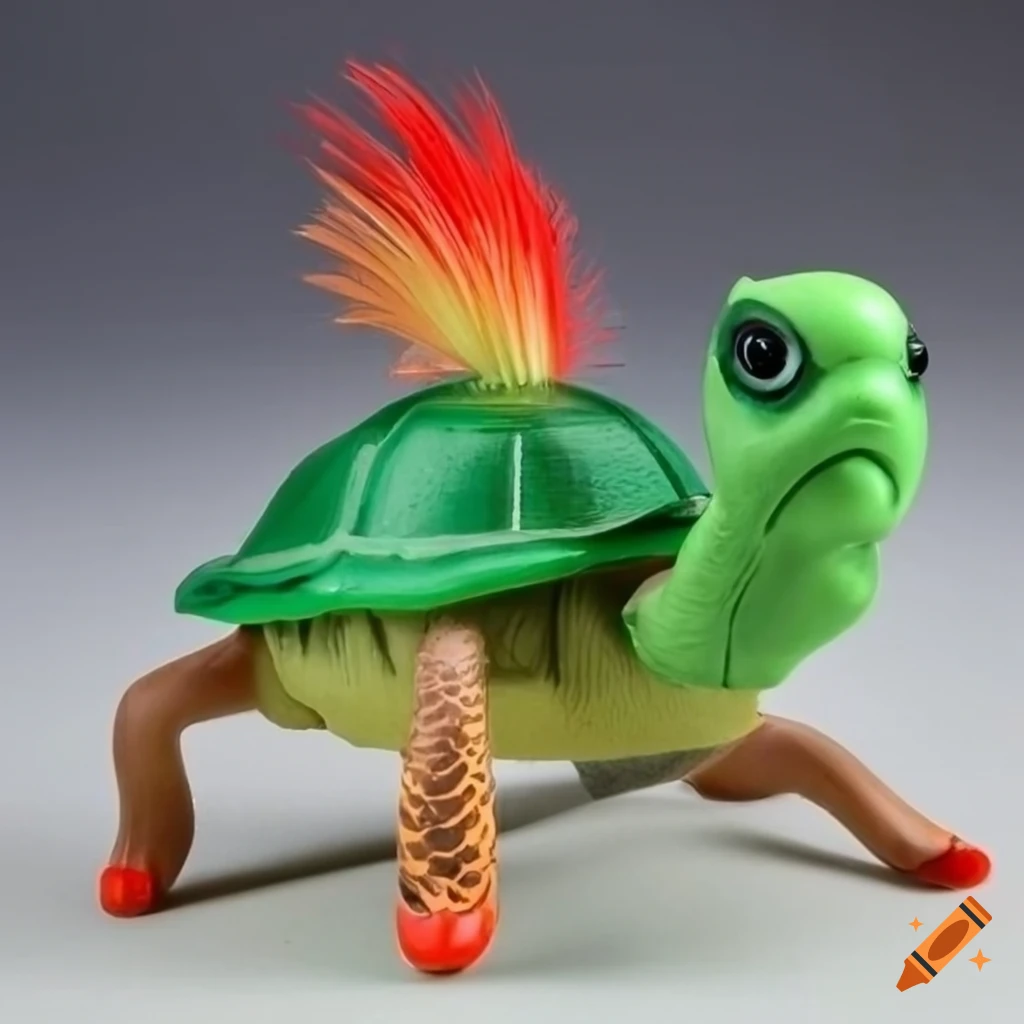 Realistic cranky wind-up turtle toy with plastic shell and big mohawk ...