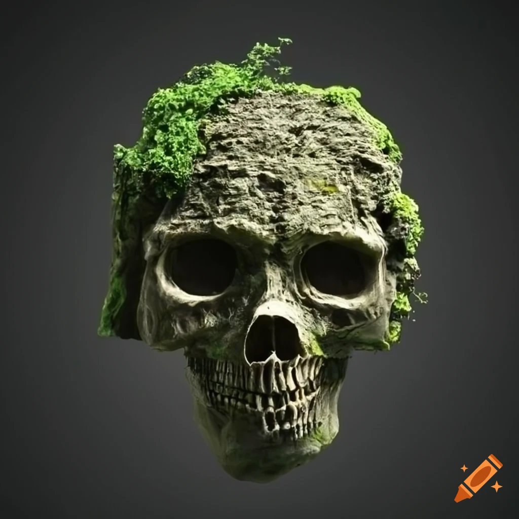 Overgrown skull-shaped rock on Craiyon