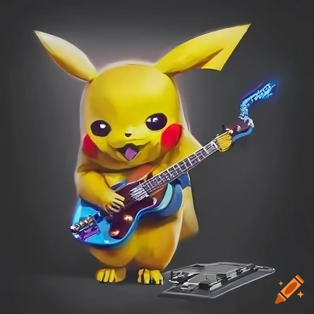 Pikachu rocking out on stage with a heavy metal band on Craiyon