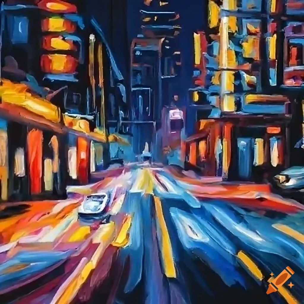 Night scene with moving cars and neon lights in pixel art style on Craiyon