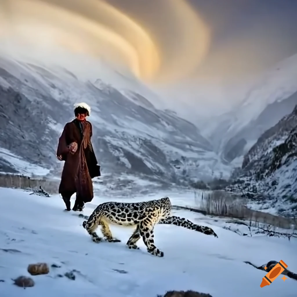 Afghan villagers crossing a winter landscape with a snow leopard on Craiyon