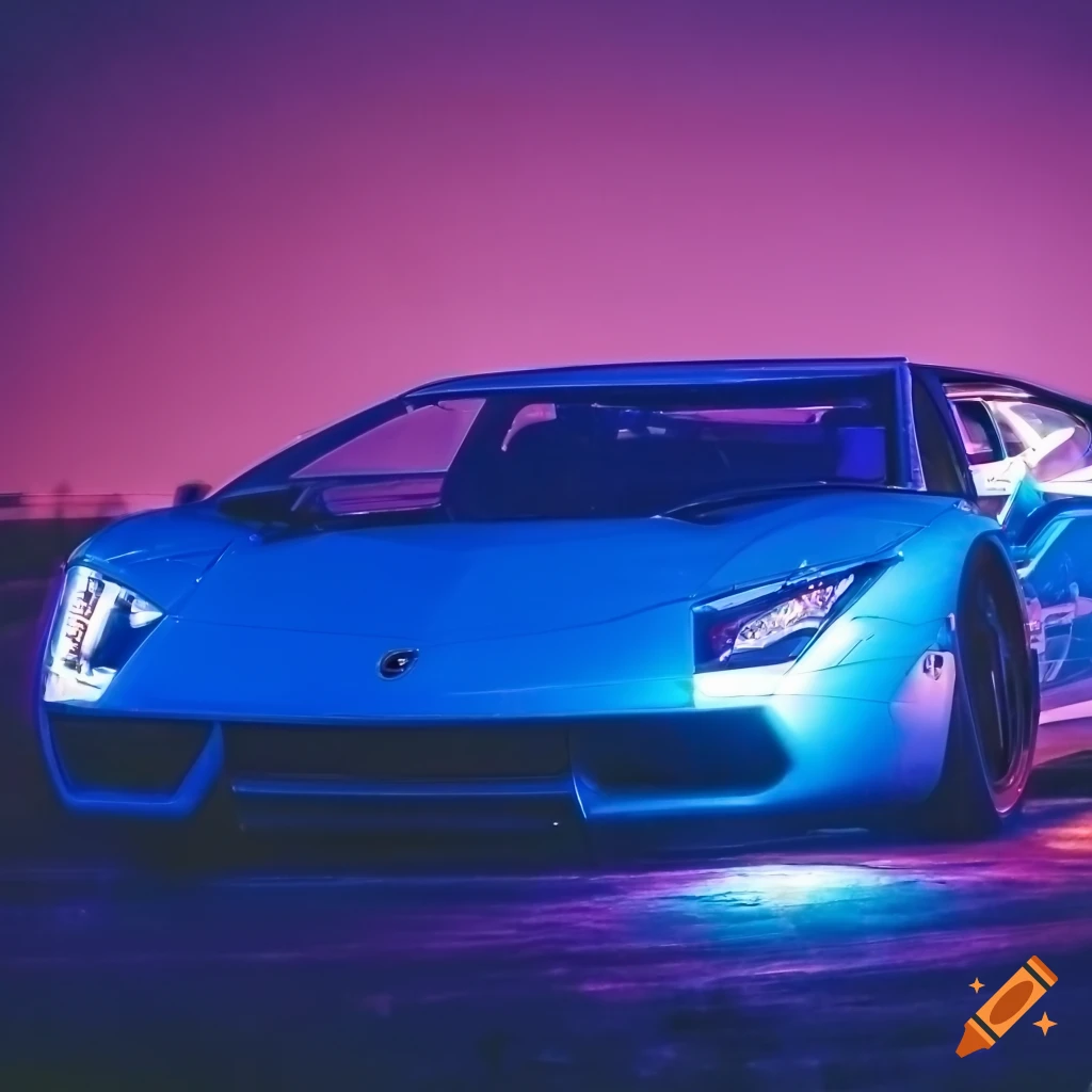 Classic Lamborghini car with neon lights and luminous tires on Craiyon