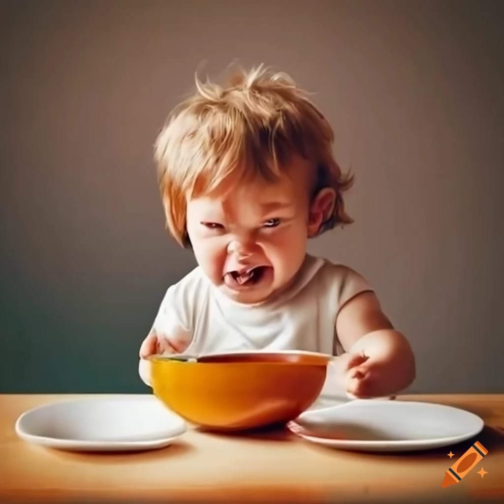 Angry toddler throwing soup at a dog on Craiyon