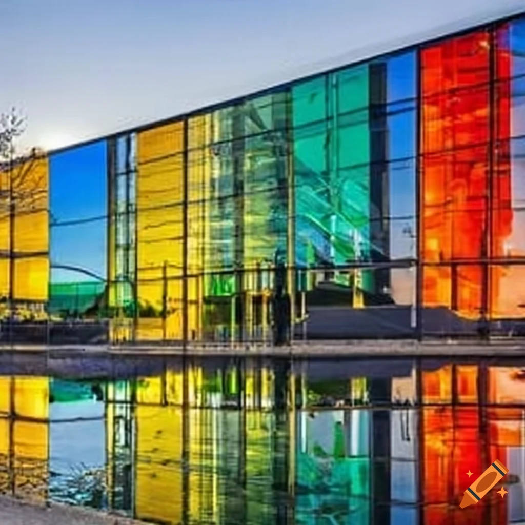Colorful transparent glass building with sun lighting on Craiyon