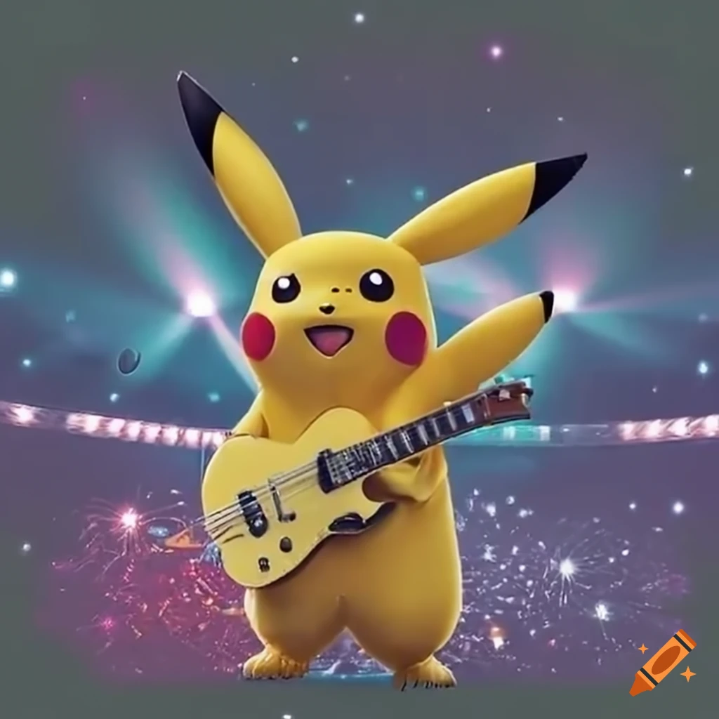 Pikachu playing an electric guitar on stage on Craiyon