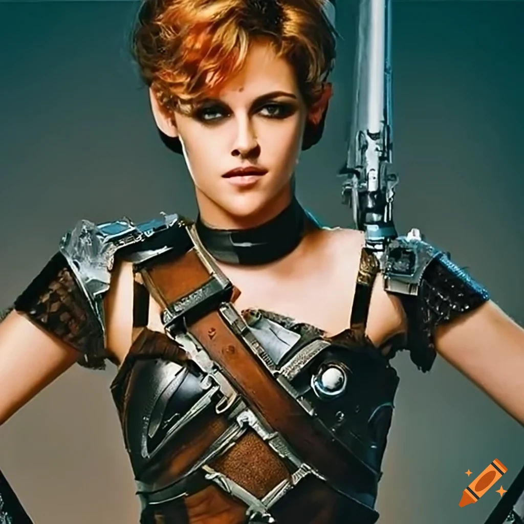 Kristen stewart as barbarella in leather armor testing a sci-fi weapon ...