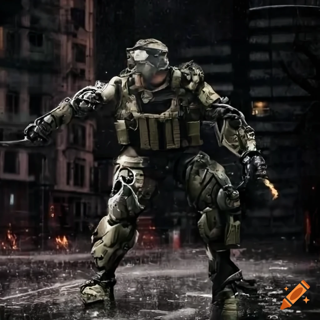 Modern cyborg armored exoskeleton hecu soldier in street battle during ...