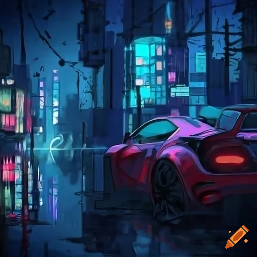 Sci-fi landscape of sportscar driving through rainy tokyo at midnight ...