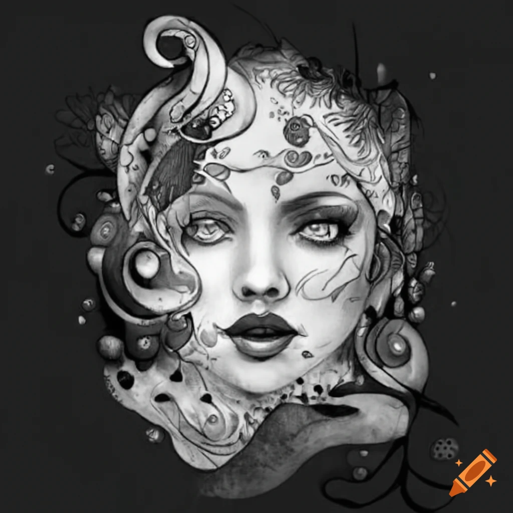 Stunning aphrodite tattoo design with flowing water and natural elements in black and white on ...
