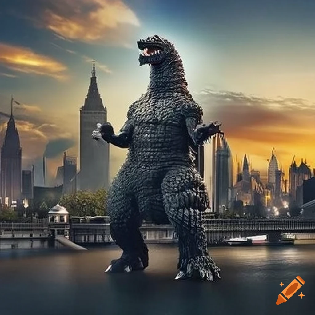 Colourful movie poster for godzilla poops on westminster on Craiyon