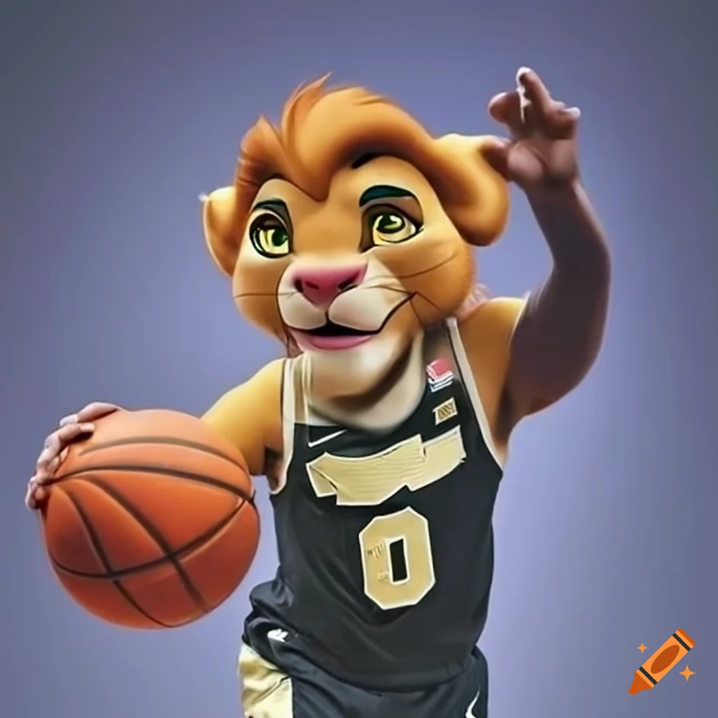 Young Simba in a Purdue basketball jersey shooting hoops on Craiyon