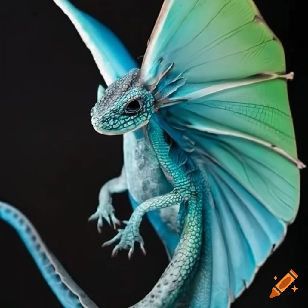 Green or blue baby dragon with long wispy tail and transparent wings on ...