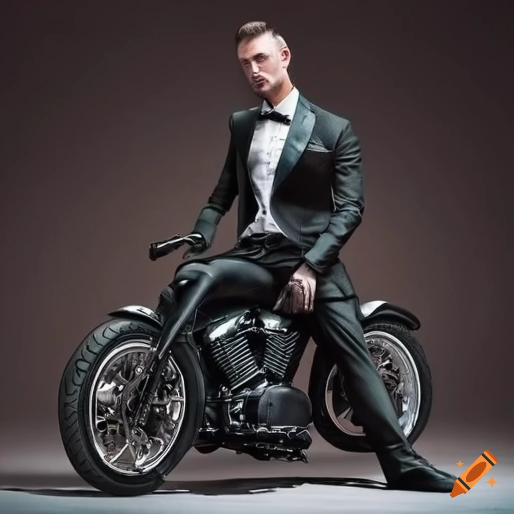 Stylish man posing next to a harley davidson motorcycle on Craiyon