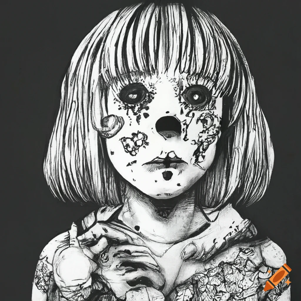 Isabelle character in junji ito's horror style ink drawing on Craiyon