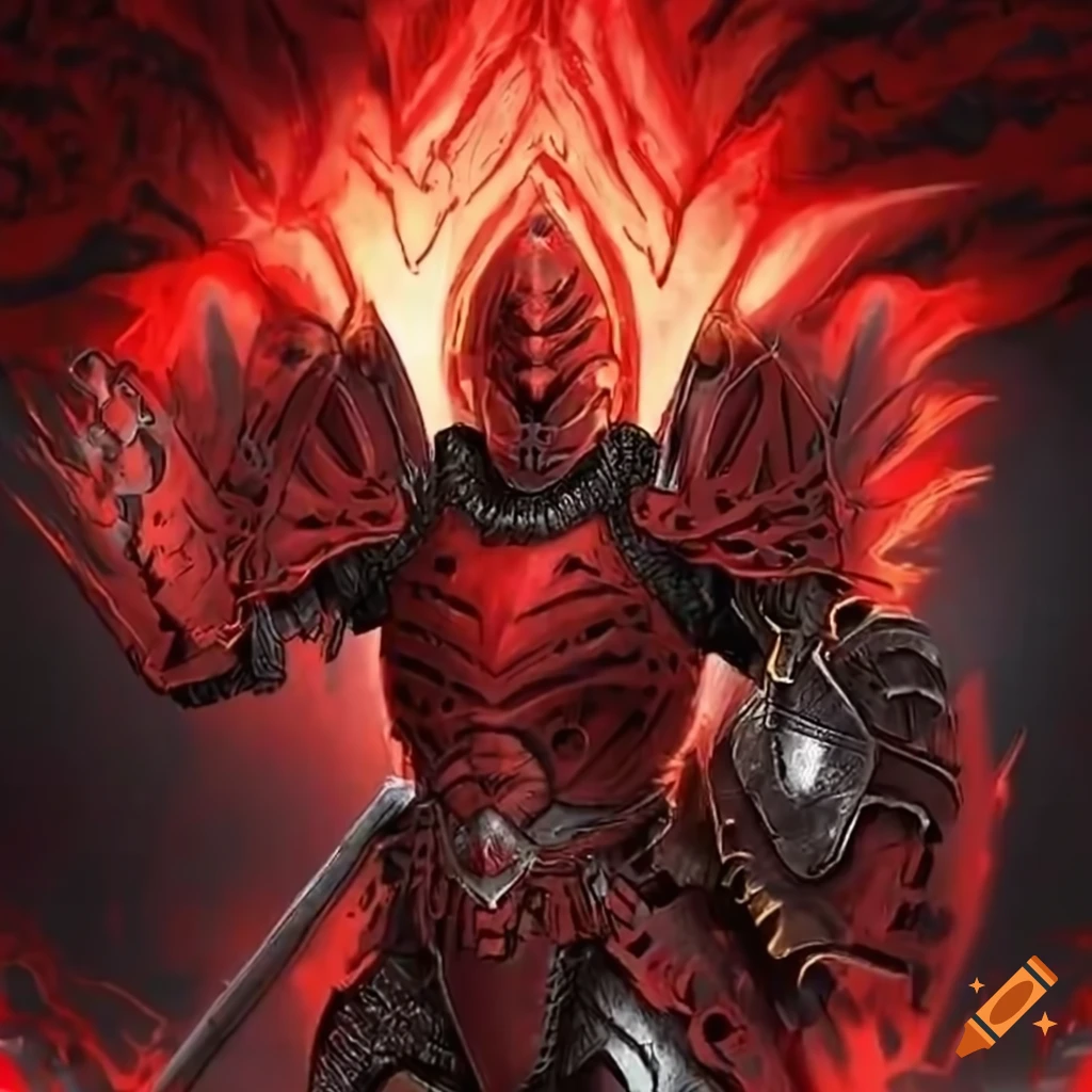 Crimson armored knight with red power emanating from him on Craiyon
