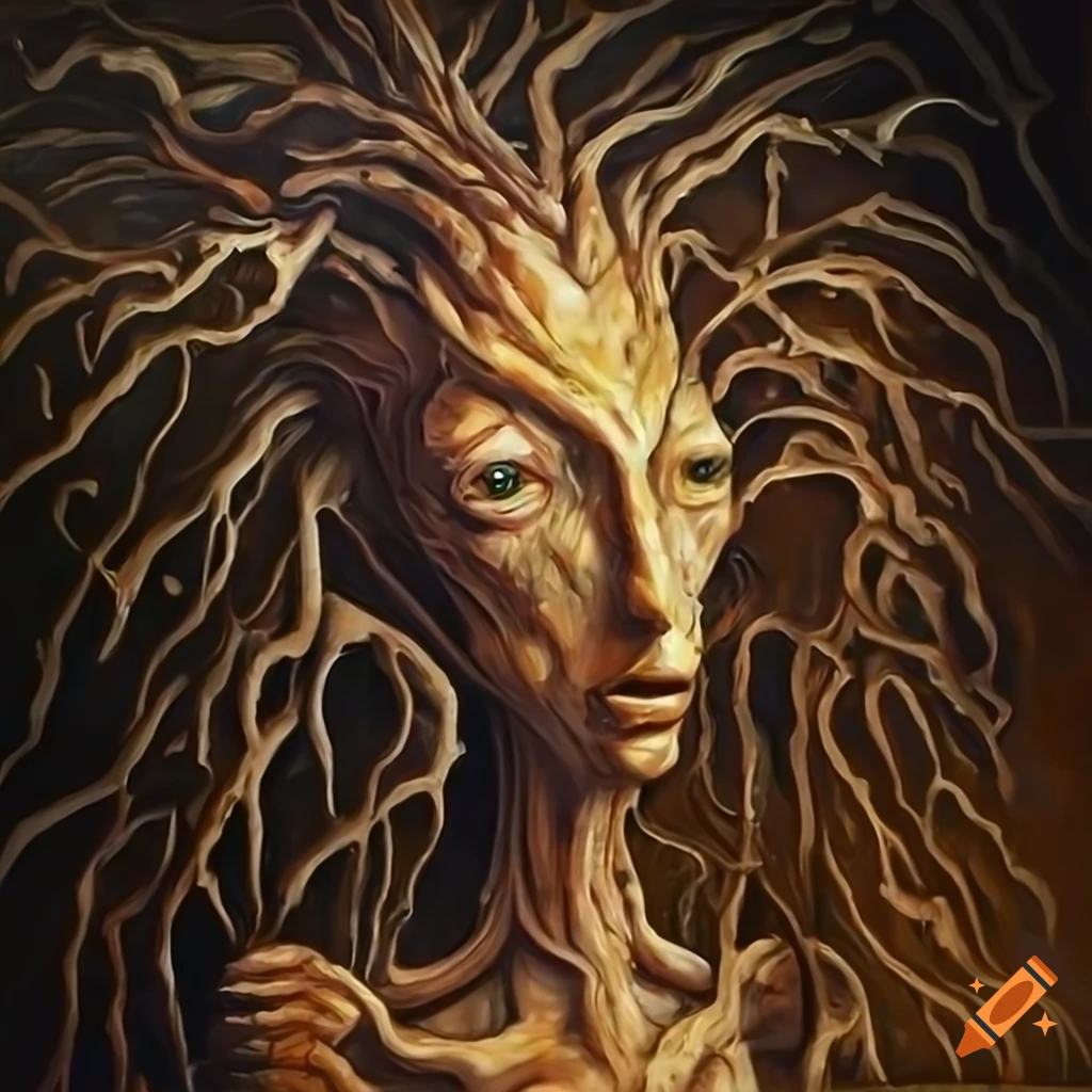 Scratched wood canvas oil painting of a female tree creature in a ...