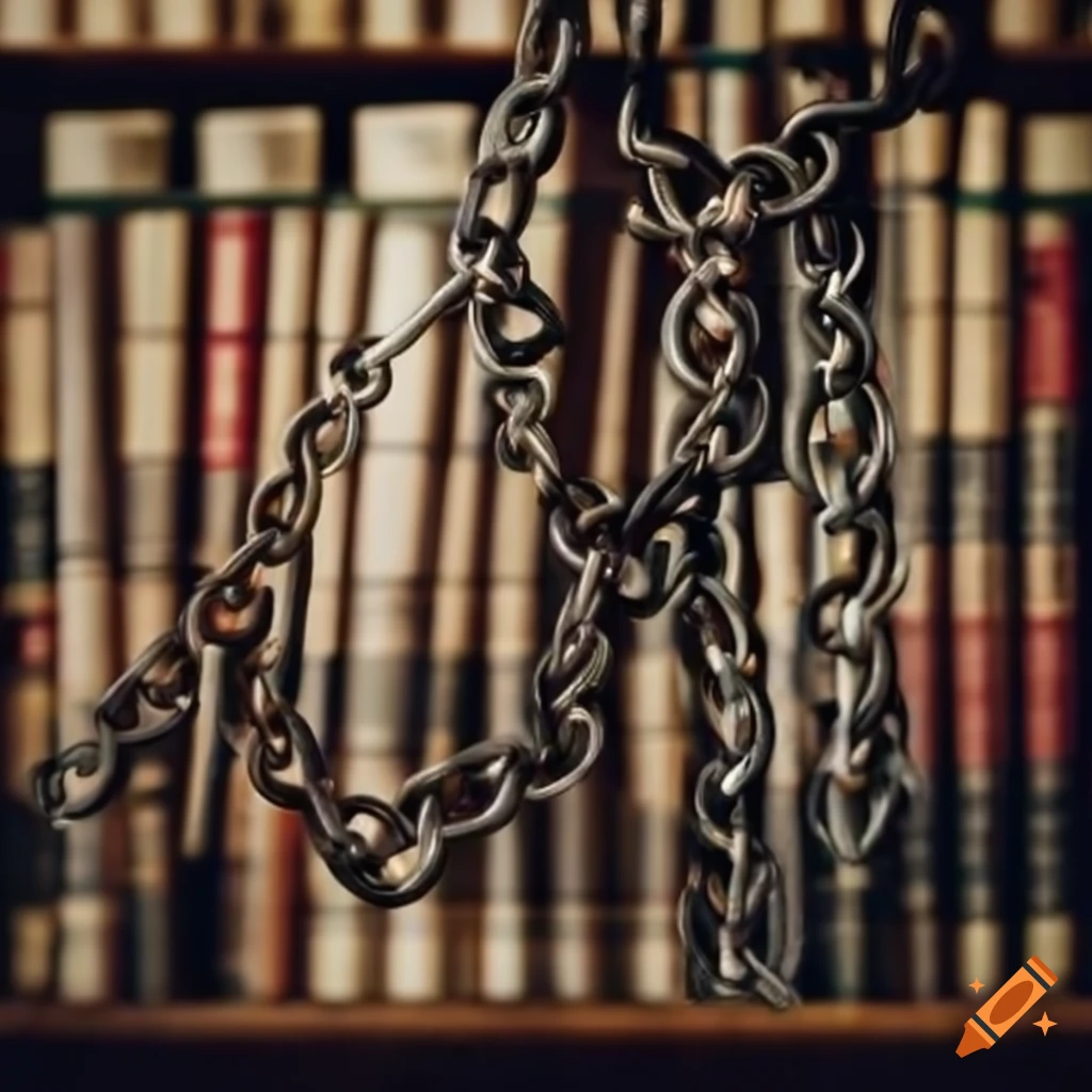 Chained up books on bookshelf on Craiyon
