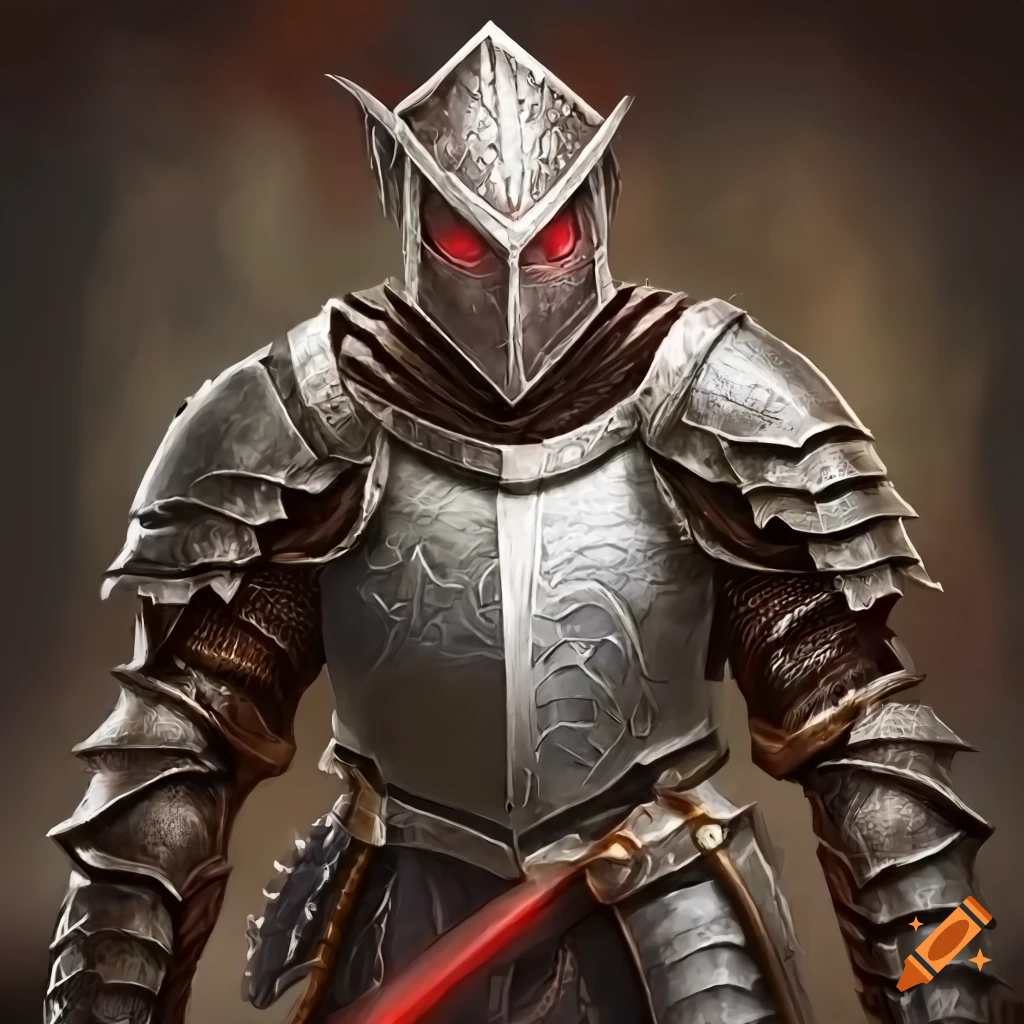 Silver dragonborn paladin in plate armor with demonic features in a ...