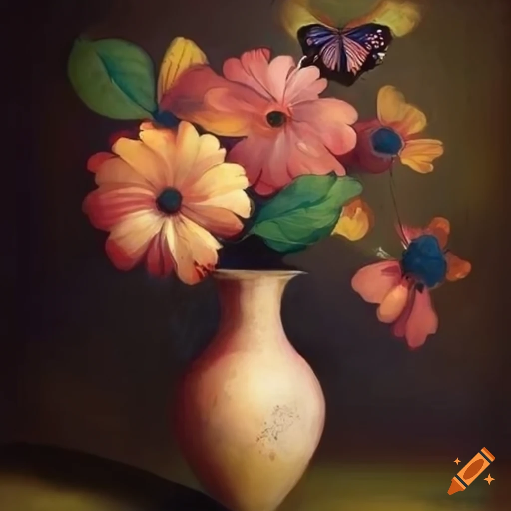 Weird shape painting of flower, vase, and butterfly on Craiyon