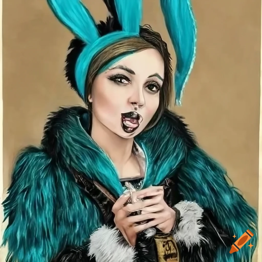 Woman with bunny ears in unique cyan and black outfit eating cake in a ...