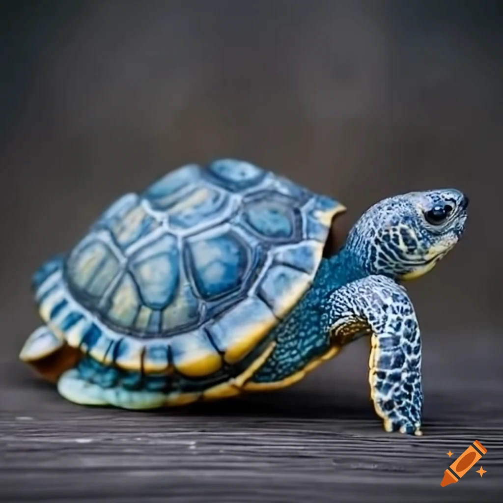 Blue turtle with a flower on its shell posing for the camera on Craiyon