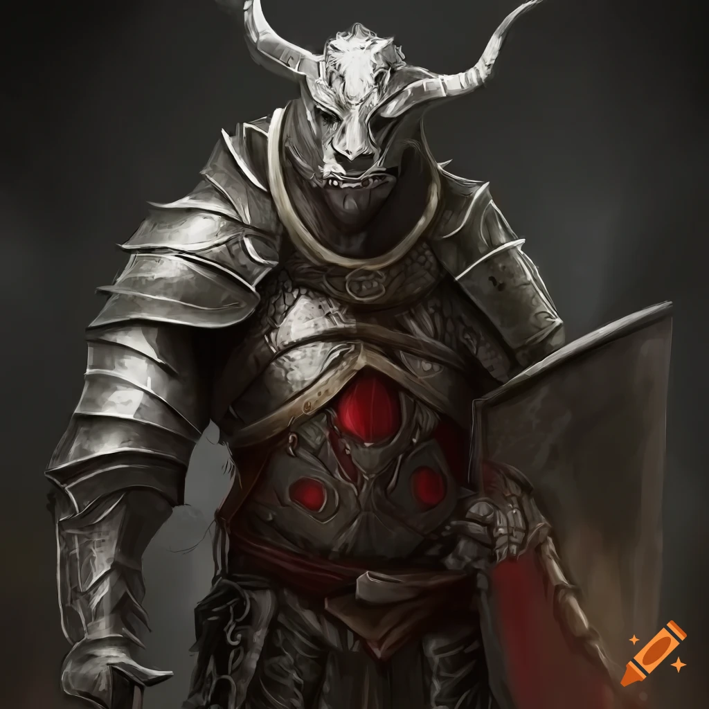 Silver dragonborn paladin in plate armor with demonic features in a ...