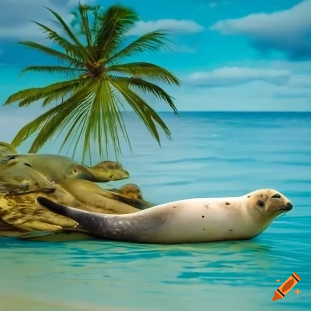 Ringed seal on a tropical beach with palm trees on Craiyon
