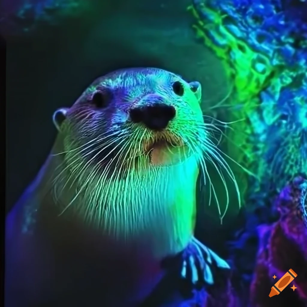 White otter swimming surrounded by trippy blacklight bubbles on Craiyon